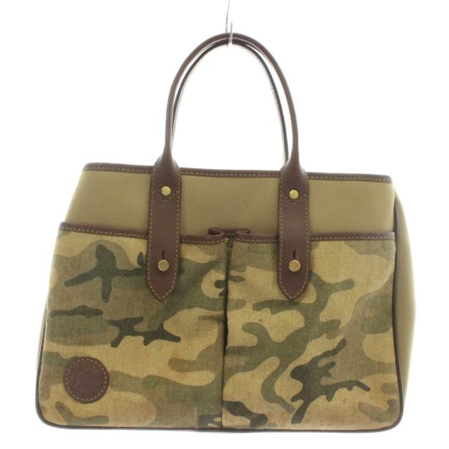 【中古】HUNTING WORLD ハンドバッグ トート キャンバス レザー 迷彩柄 カモフラ ロゴ カーキ 茶色