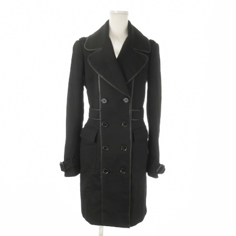 【中古】バーバリー ロンドン BURBERRY LONDON トレンチコート ロング丈 ダブル レザーパイピング 6 XS 黒