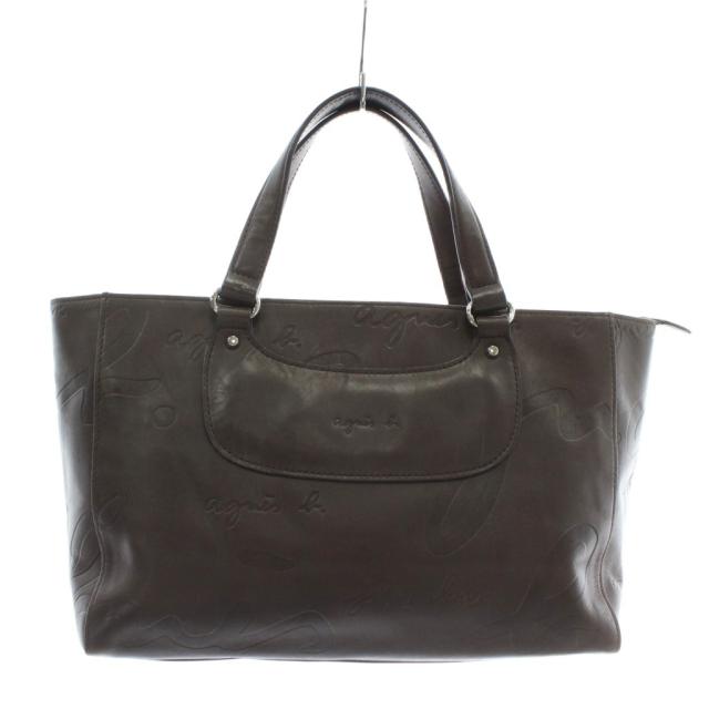 【中古】アニエスベー agnes b. ハンドバッグ トート 牛革 レザー ロゴ 型押し 総柄 茶色 ブラウン