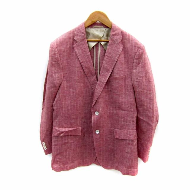 【中古】ヒューゴボス テーラードジャケット ブレザー ストライプ柄 リネン 麻 50 L 赤 レッド /SY14 ■GY18 メンズ