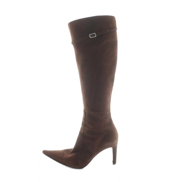 【中古】セルジオロッシ Sergio rossi ロングブーツ ポインテッドトゥ スエード ロゴ サイドジップ 34.5 21.5cm 茶