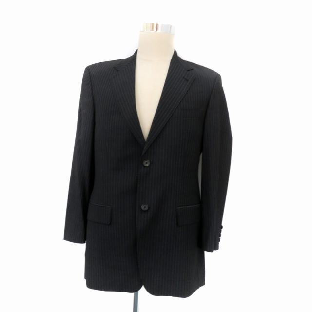 【中古】ヒューゴボス テーラードジャケット シングル ロロピアーナ 総裏地 サイドベンツ ミドル丈 ストライプ柄 黒