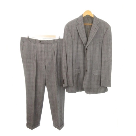 【中古】TEIJIN MEN'S SHOP シングルスーツ 2点セット テーラードジャケット スラックス チェック 56L XL グレー