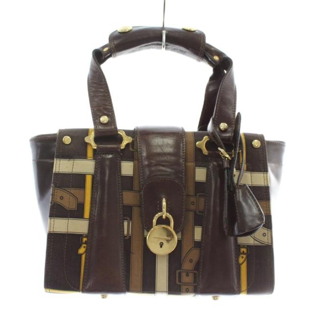 【中古】バーバリー BURBERRY ハンドバッグ レザー スカーフプリント ベルト柄 ロゴ ゴールド金具 茶色 ブラウン