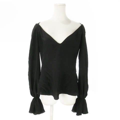 【中古】未使用品 エンポリオアルマーニ シルクブラウス 深Vネック 長袖 絹 キャンディスリーブ シアー 42 M 黒