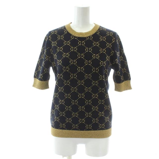 【中古】グッチ GUCCI 半袖ニット トップス GGコットンラメ ファブリック S 黒 ブラック ゴールドカラー 金色 GG柄