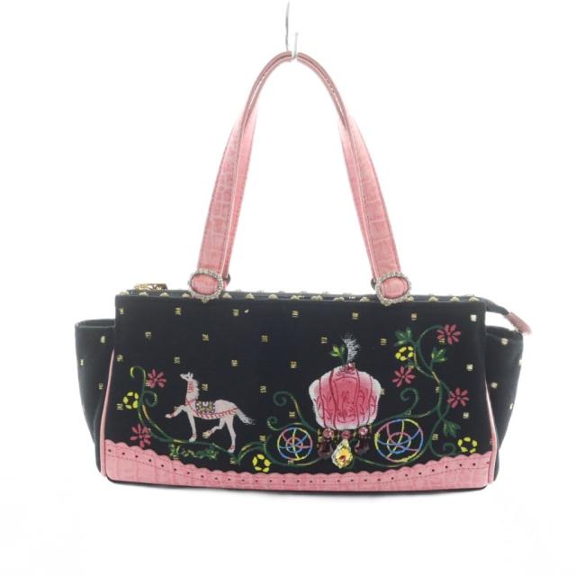 【中古】シンクビー! Think Bee シンデレラドリーム ハンドバッグ ラインストーン 刺繍 ロゴ 馬車柄 黒 ブラック