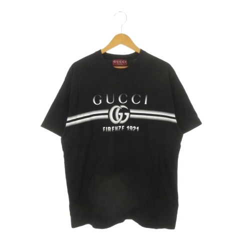 【中古】グッチ GUCCI Tシャツ 半袖 クルーネック プリント ロゴ コットン L 黒 ブラック /AH2 ■GY18 メンズ