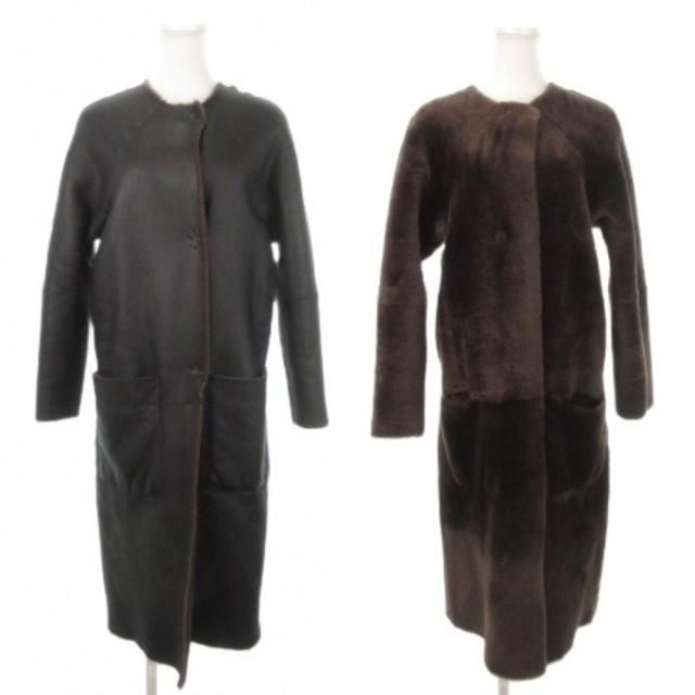 【中古】バイ マレーネ ビルガー BY MALENE BIRGER リバーシブル ムートンコート ノーカラー ロング 32 黒 茶