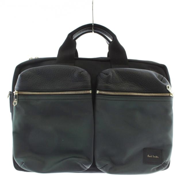 【中古】PAUL SMITH ビジネスバッグ ブリーフケース ショルダー 2WAY 牛革 レザー ナイロン ロゴ 黒 カーキ PSN504
