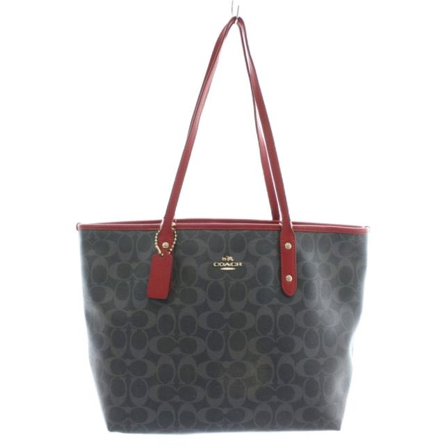 【中古】コーチ COACH トートバッグ ワンショルダー PVC レザー シグネチャー 総柄 ロゴ ゴールド金具 紺 赤 F37475