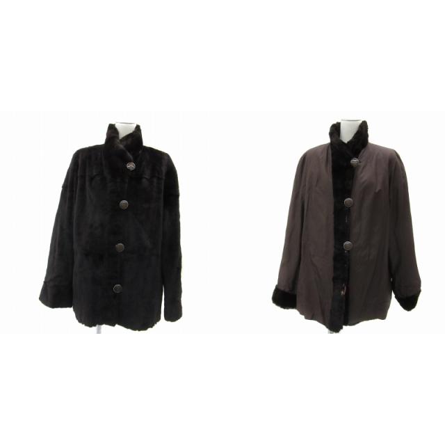 【中古】シェアードウィーゼルファーコート 毛皮コート ハーフ丈 リバーシブル シルク F ダークブラウン レディース