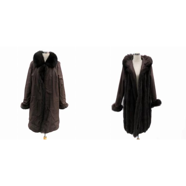 【中古】毛皮コート ファーコート リバーシブル ロング丈 フォックス L ダークブラウン /HO13 ■GY18 レディース