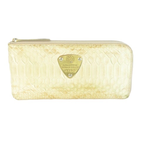 【中古】アタオ ATAO limo 長財布 ロングウォレット 小銭入れなし パイソンレザー L字ファスナー開閉 ロゴ ベージュ