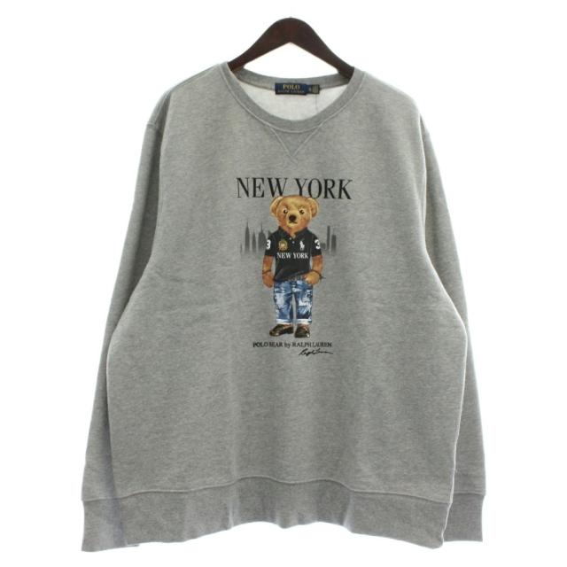 【中古】未使用品 POLO RALPH LAUREN トレーナー スウェット 長袖 裏起毛 クルーネック NEW YORK ポロベア XL グレー