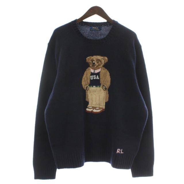 【中古】未使用品 POLO RALPH LAUREN ニット セーター ウール カシミヤ混 キャメル混 長袖 ポロベア ロゴ XL 紺