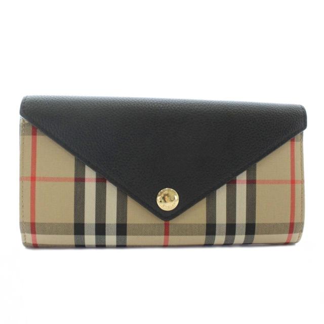 【中古】バーバリー BURBERRY 長財布 二つ折り キャンバス レザー ノバチェック ロゴ ベージュ 黒 ブラック