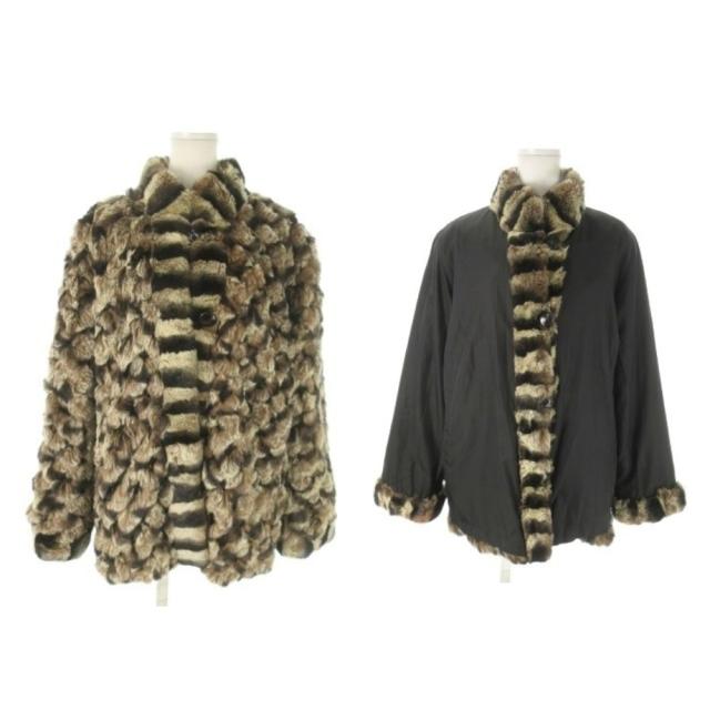 【中古】ノーブランド リバーシブル ファーコート ショート丈 ラビット ミックスカラー 毛皮 茶 黒