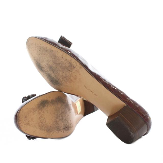 【中古】Salvatore Ferragamo ヴァラリボン パンプス エナメル クロコ型押し ローヒール 7.5 24.5cm 茶色