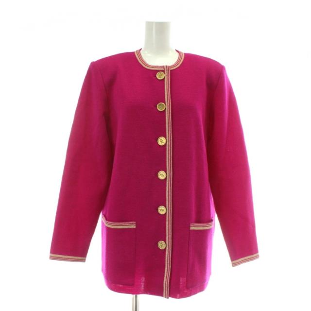 【中古】イヴサンローラン ヴィンテージ カーディガン ニット ジャケット ウール ノーカラー 金ボタン M ピンク