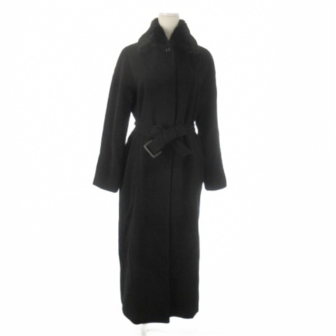 【中古】23区 オンワード樫山 ステンカラーコート ロング丈 アンゴラ混 ファーカラー ラビットファー ベルト 38 黒