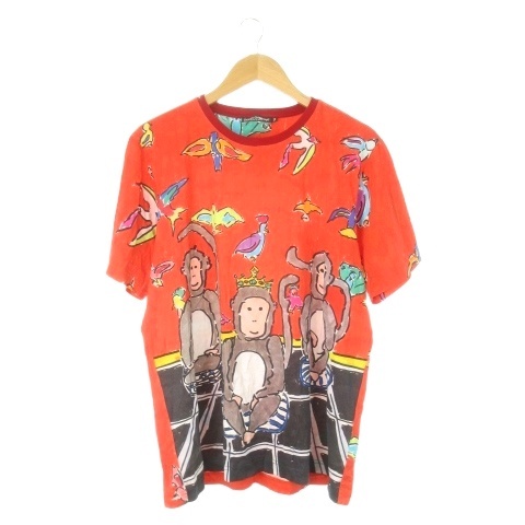 【中古】ドルチェ&ガッバーナ ドルガバ DOLCE&GABBANA Tシャツ 半袖 イラストプリント アニマル 鳥 お猿 52 XL 赤