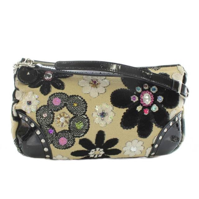 【中古】シンクビー! Think Bee ショルダーバッグ キャンバス エナメル スパンコール ビーズ 花柄 総柄 ベージュ 黒