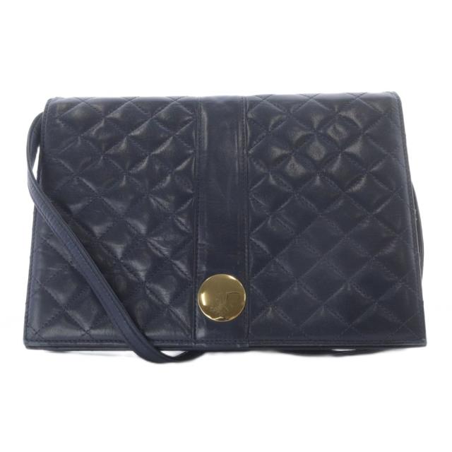 【中古】イヴサンローラン ヴィンテージ ショルダーバッグ レザー フラップ キルティング ゴールド金具 紺 ネイビー