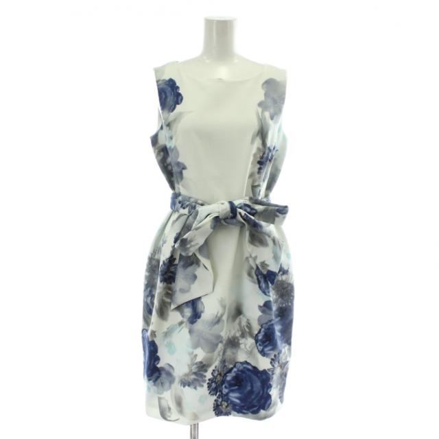 【中古】グレースコンチネンタル GRACE CONTINENTAL ワンピース ノースリーブ ひざ丈 花柄 総柄 ベルト付き 36 白 青