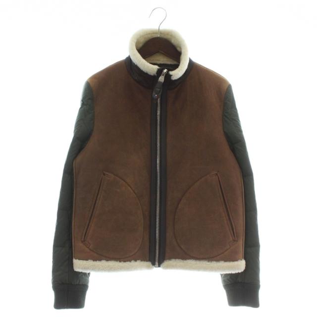 【中古】LOUIS VUITTON ダウンジャケット ブルゾン アウター 羊革 レザー ムートン切り替え 46 M 茶色 緑 H6B02EPQI