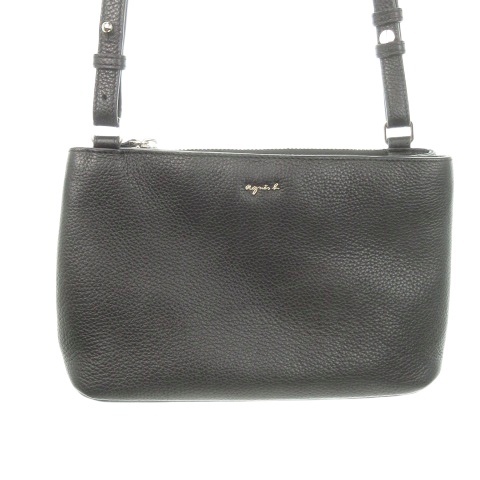 【中古】アニエスベー agnes b. ショルダーバッグ ポシェット レザー 牛革 本革 シボ革 ロゴ 黒 ブラック /MN4