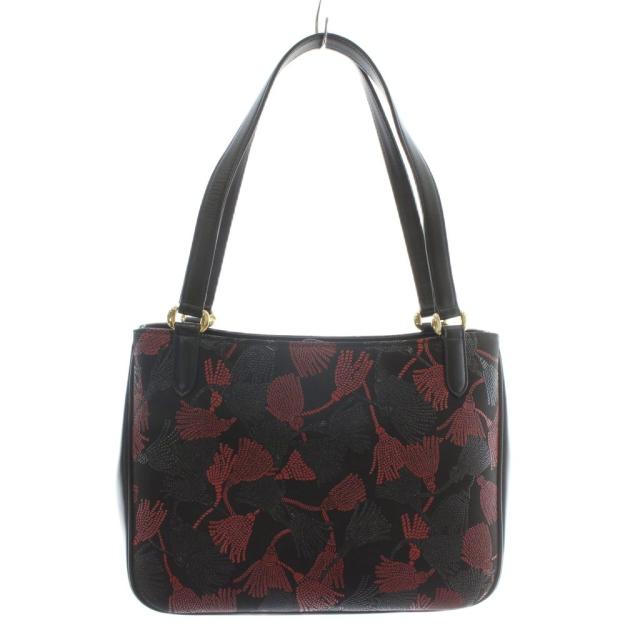 【中古】印傳屋 INDEN‐YA INDENYA ハンドバッグ トート 鹿革 漆 レザー ベネッセージ 総柄 黒 ブラック 赤 レッド