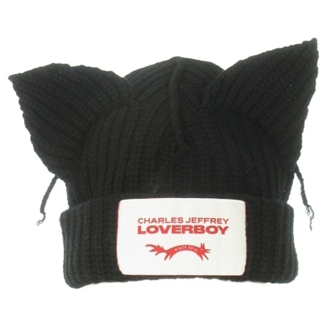 【中古】チャールズ ジェフリー ラバーボーイ CHARLES JEFFREY LOVERBOY ニット帽 ビーニー アニマル 耳 ロゴ 黒