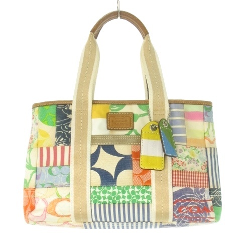 【中古】コーチ COACH ハンドバッグ パッチワーク キャンバス シグネチャー レザー 革 ロゴ ベージュ 10454 /CK30