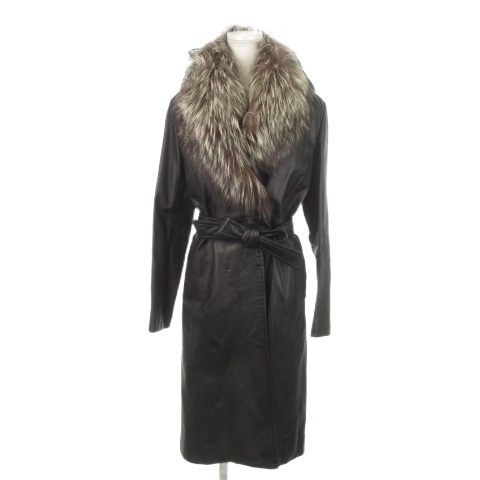 【中古】ボディドレッシングデラックス チェスターコート レザーコート 羊革 ダブル ロング ファー付 ベルト付 9 黒