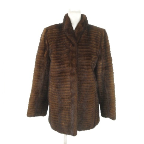 【中古】ディンドン DING-DONG ファーコート ミンク 毛皮 ミドル丈 ボーダー 9 茶 ブラウン /MN19 ■GY18
