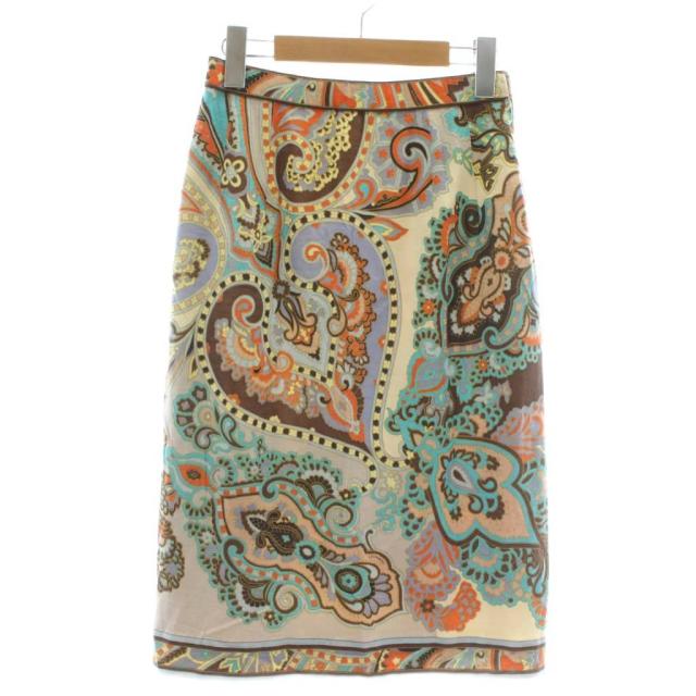 【中古】レオナール LEONARD タイトスカート ウール シルク混 ひざ丈 ペイズリー柄 総柄 ロゴ 67 マルチカラー