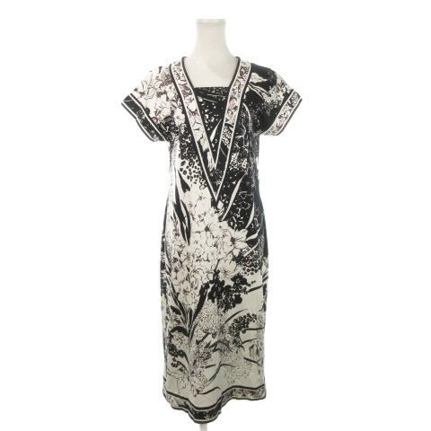 【中古】レオナール LEONARD ワンピース ひざ丈 ミモレ ロング 半袖 スクエアネック 花柄 総柄 コットン L 黒