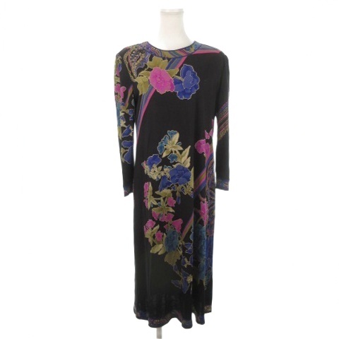 【中古】レオナール LEONARD ワンピース ひざ丈 ミモレ ロング 長袖 和柄 花柄 総柄 ウール シルク混 絹 ストレッチ