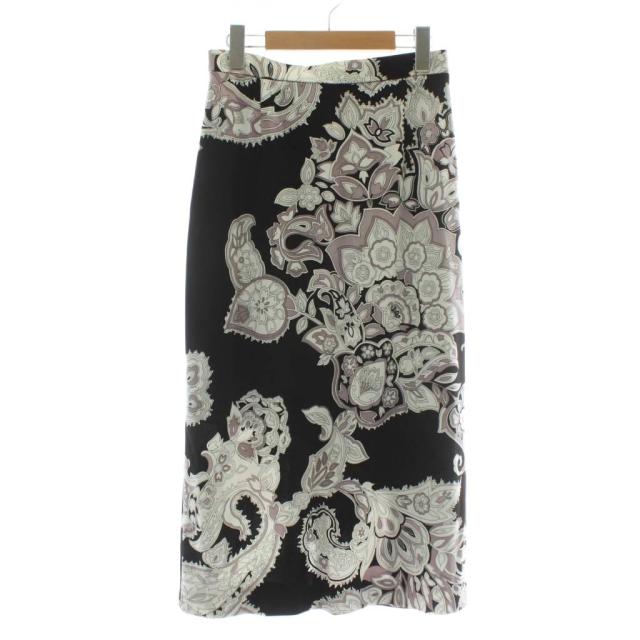 【中古】レオナール LEONARD タイトスカート ひざ丈 花柄 総柄 ロゴ L 黒 ブラック 白 ホワイト 紫 パープル