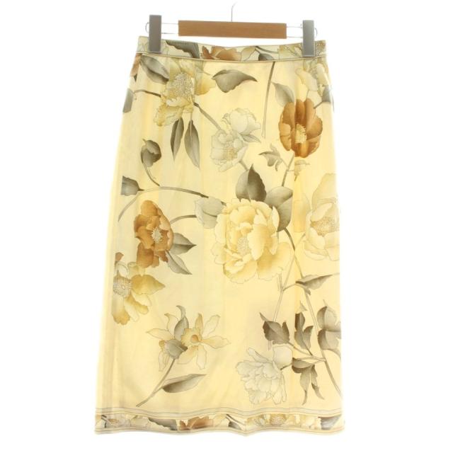 【中古】レオナール LEONARD タイトスカート ひざ丈 花柄 総柄 ロゴ 70 ベージュ /XZ ■GY18 レディース