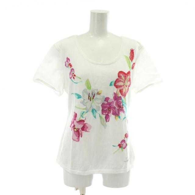 【中古】レオナール LEONARD ニット セーター シルク混 半袖 クルーネック 花柄 ロゴ ラインストーン L 白 ホワイト