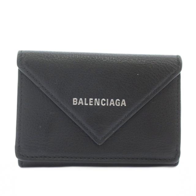 【中古】バレンシアガ BALENCIAGA ペーパー ミニ ウォレット 財布 三つ折り レザー ロゴ 黒 ブラック