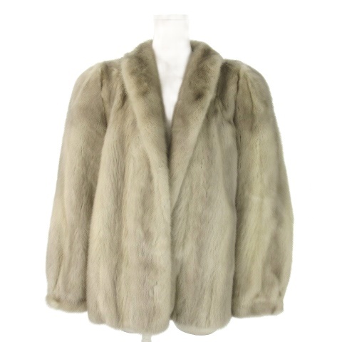 【中古】ノーブランド ファーコート ショート丈 ショールカラー サファイアミンク 毛皮 ストライプ ライトグレー