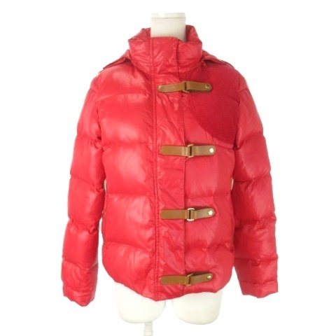 【中古】トミーヒルフィガー   ダウンジャケット フーディ ジップアップ ベルト コーデュロイ L 赤