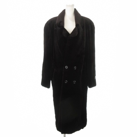 【中古】サガミンク 銀サガ ファーコート シェアードミンク 毛皮 ロング丈 チェスター ダブル 黒 ダークブラウン