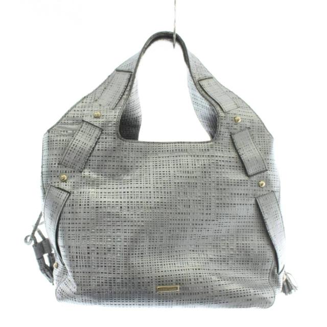 【中古】GIORGIO ARMANI ハンドバッグ レザー 巾着 フリンジ 総柄 ロゴ ゴールド金具 シルバー色