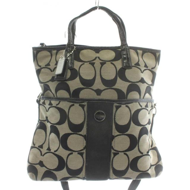 【中古】コーチ COACH ハンドバッグ トート ショルダー 2WAY キャンバス レザー シグネチャー 総柄 ロゴ 黒 F23304