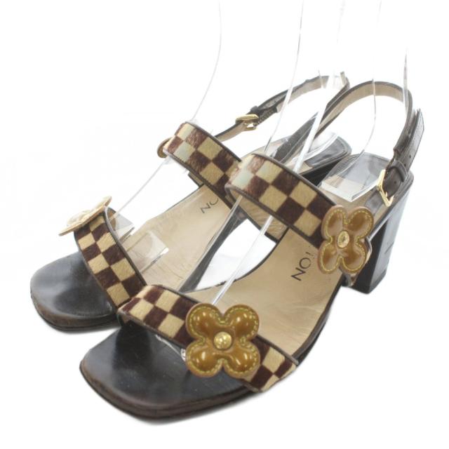 【中古】LOUIS VUITTON ダミエ サンダル レザー ハラコ オープントゥ フラワーモチーフ 35.5 22.5cm-23cm 茶色