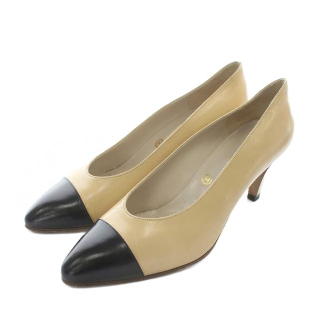【中古】シャネル CHANEL パンプス レザー ポインテッドトゥ ヒール バイカラー 35 22.5cm ベージュ 黒 ブラック